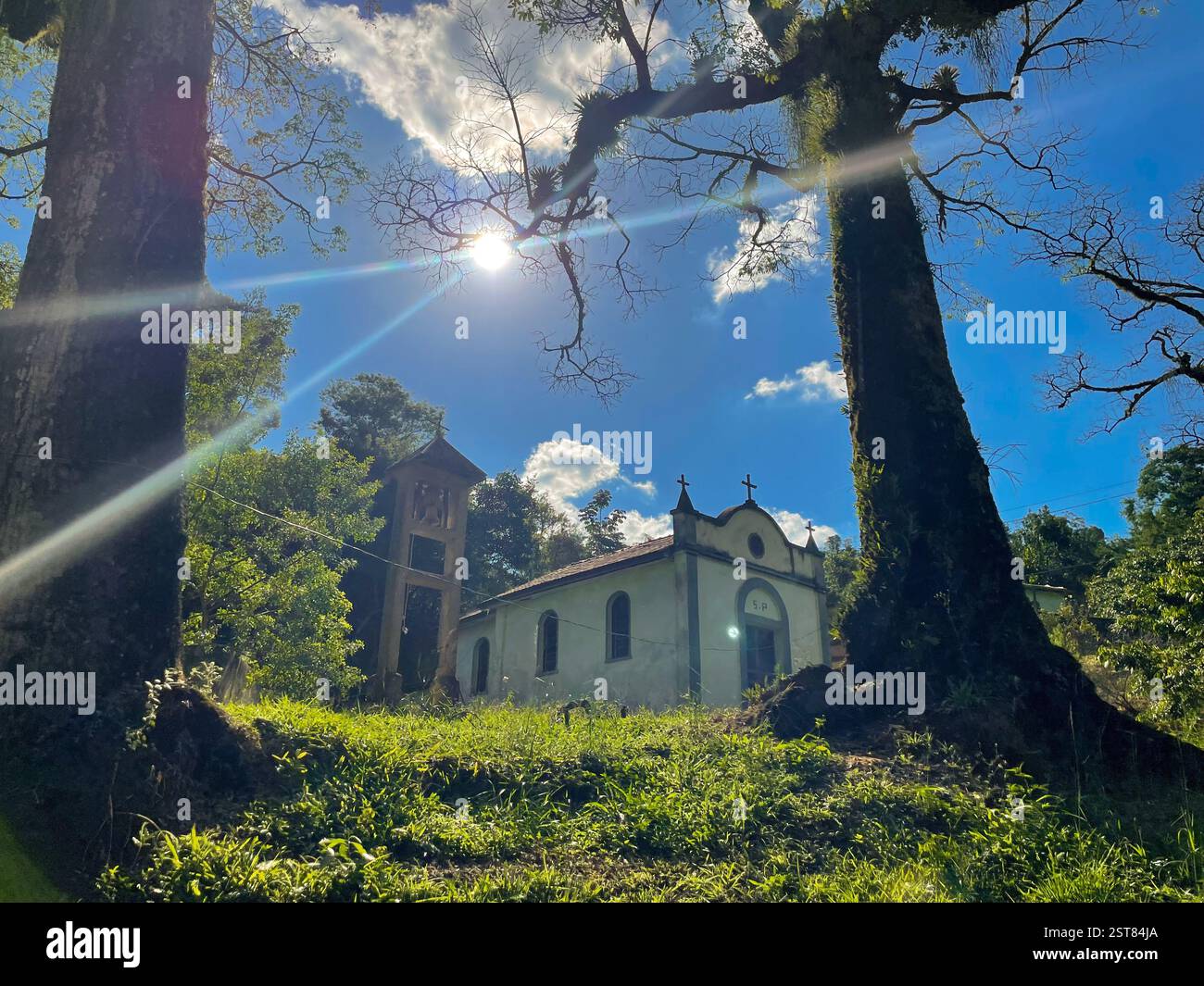 O brilho do sol atravessa as árvores, destacando a beleza desta capela ...