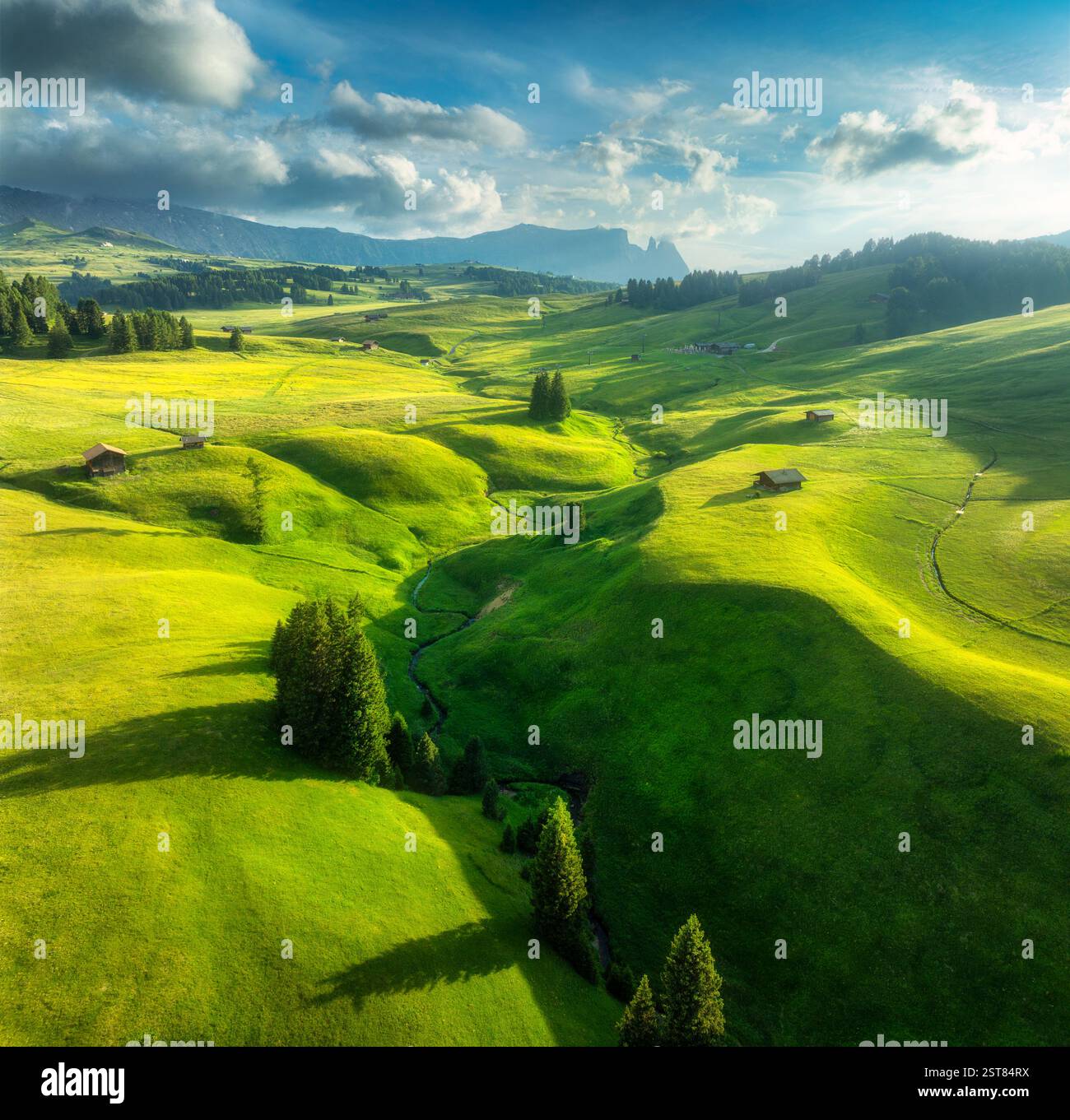 Aerial view of green alpine meadows with houses on the hills Stock ...