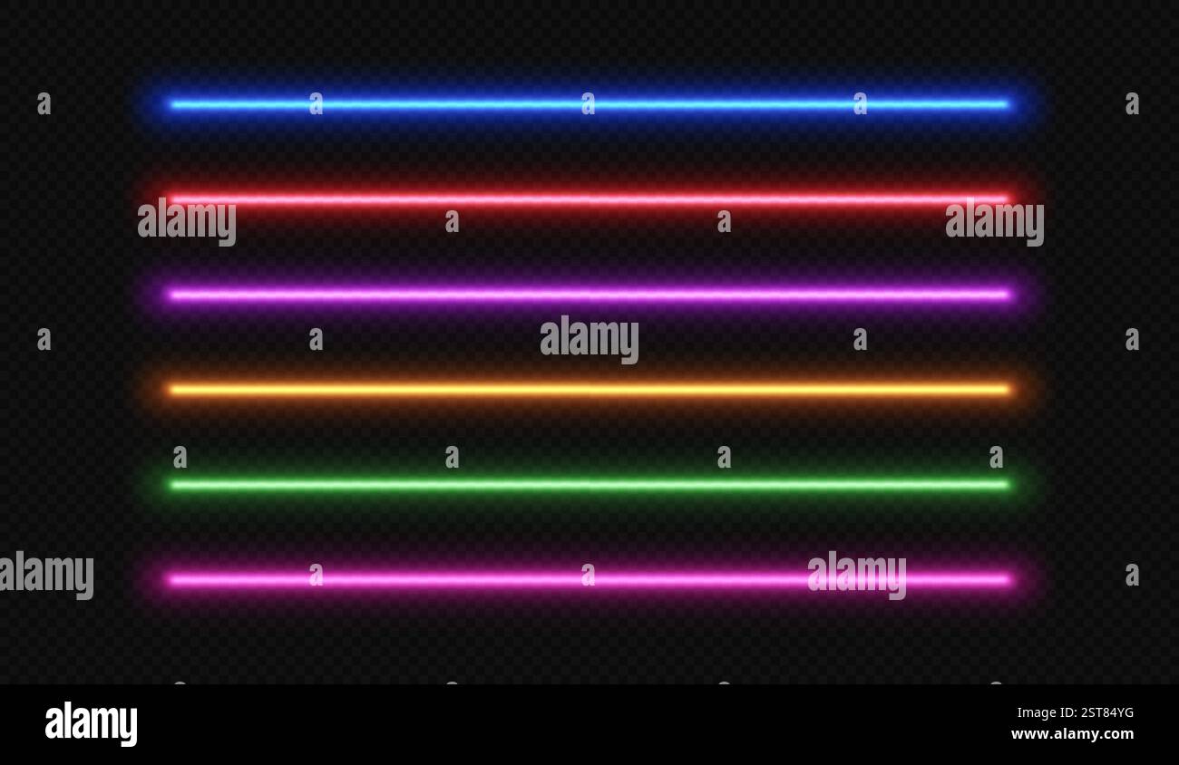 Neon line light. LED laser stripe. Fluorescent tube glow. Set of vector ...