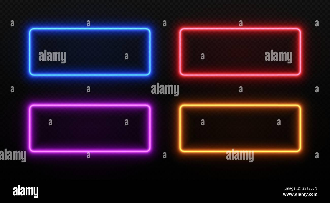 Light neon rectangle frame. Glow LED border. Vector set of laser ...
