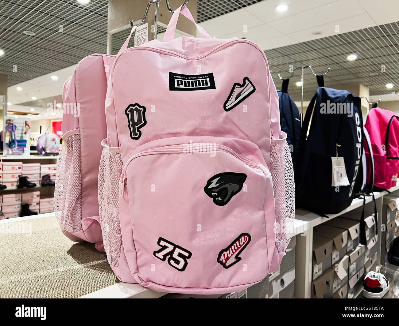 Lviv, Ukraine - February 16, 2025: Stylish pink Puma backpack featuring ...