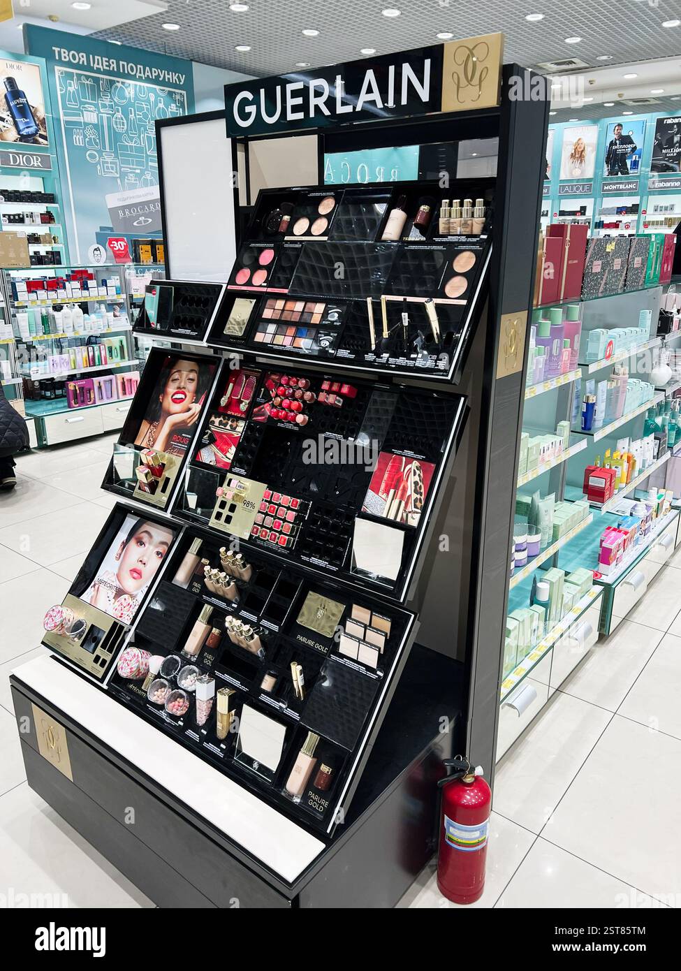 Lviv, Ukraine - February 16, 2025: Elegant Guerlain makeup display showcasing beauty cosmetics ...