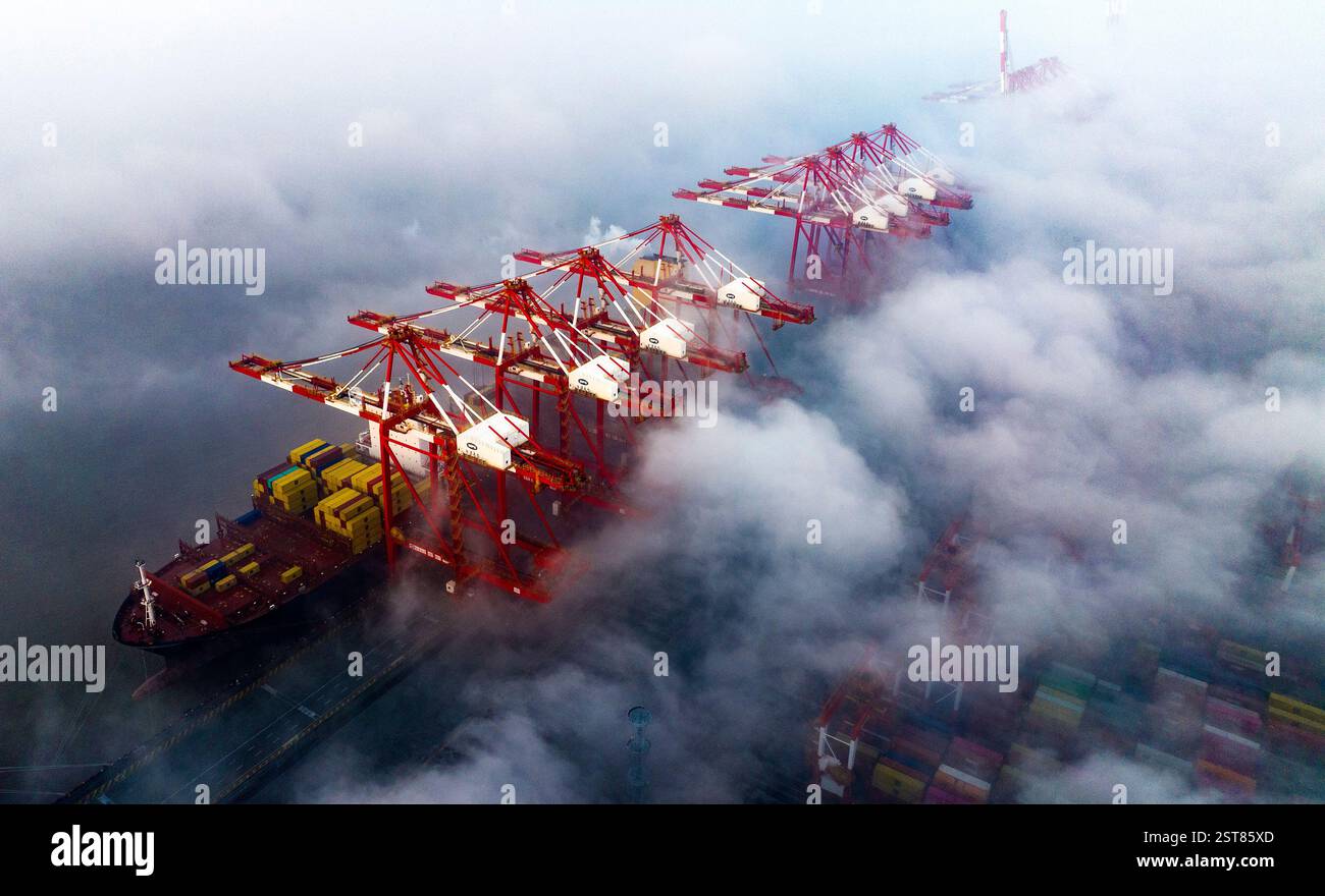 Shanghai, China. 16th Feb, 2025. Cranes, control tower and cargo ships ...