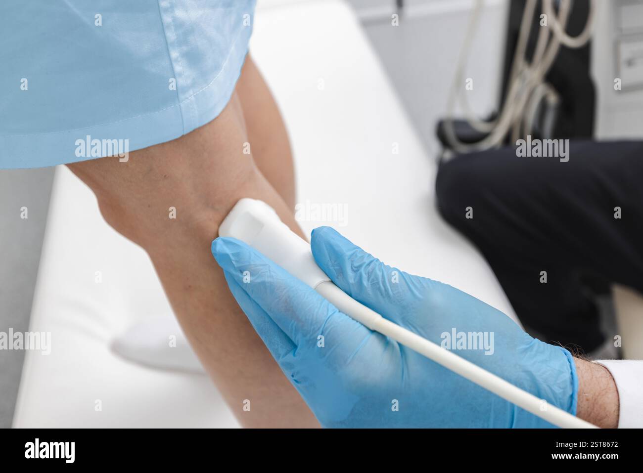 Close-up of vascular sensor of ultrasound machine during the process of ...