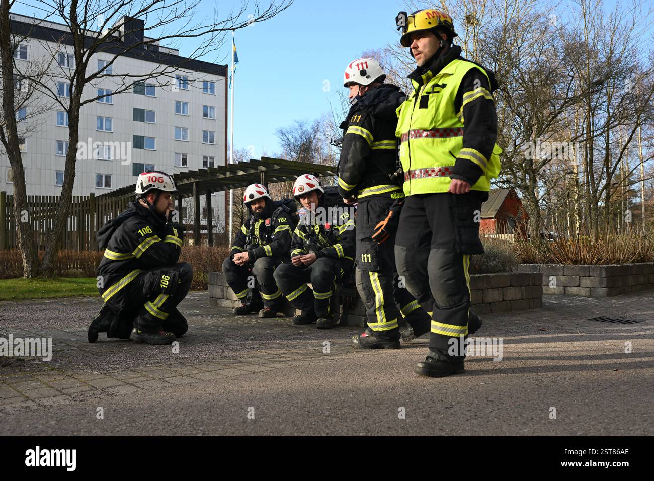 Perstorp, Skåne, Sweden. February 11 2025. Firefighters and ambulance ...