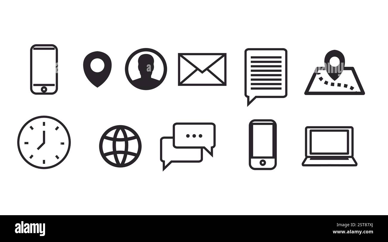Contact Icon Set. Black and White Illustration of Different Contact ...