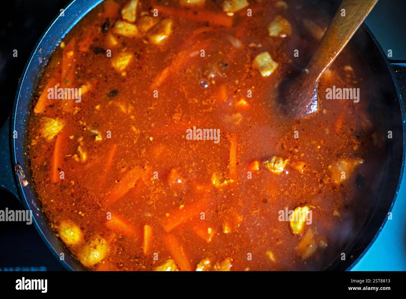 cook meat in tomato sauce in a deep frying pan. pilaf, borscht, goulash ...
