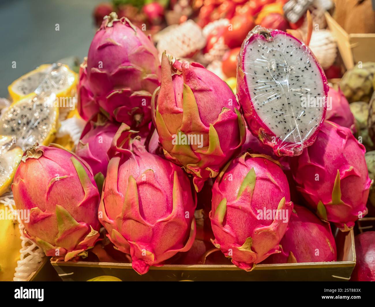 Bright pink dragon fruits on display in a market setting, showcasing ...