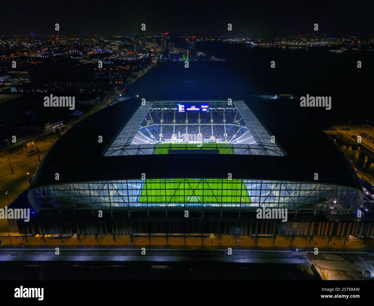 A drone view of Everton's new stadium at Bramley-Moore Dock during an ...