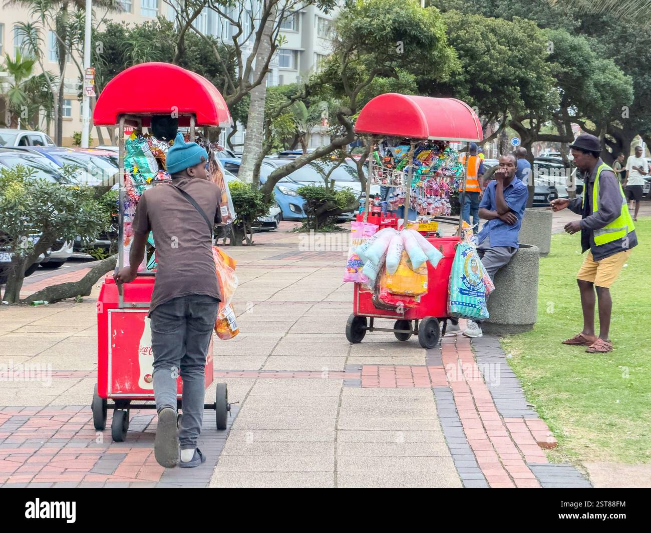 October 26, 2024. South Africa. Mobile snack carts on a Durban city ...