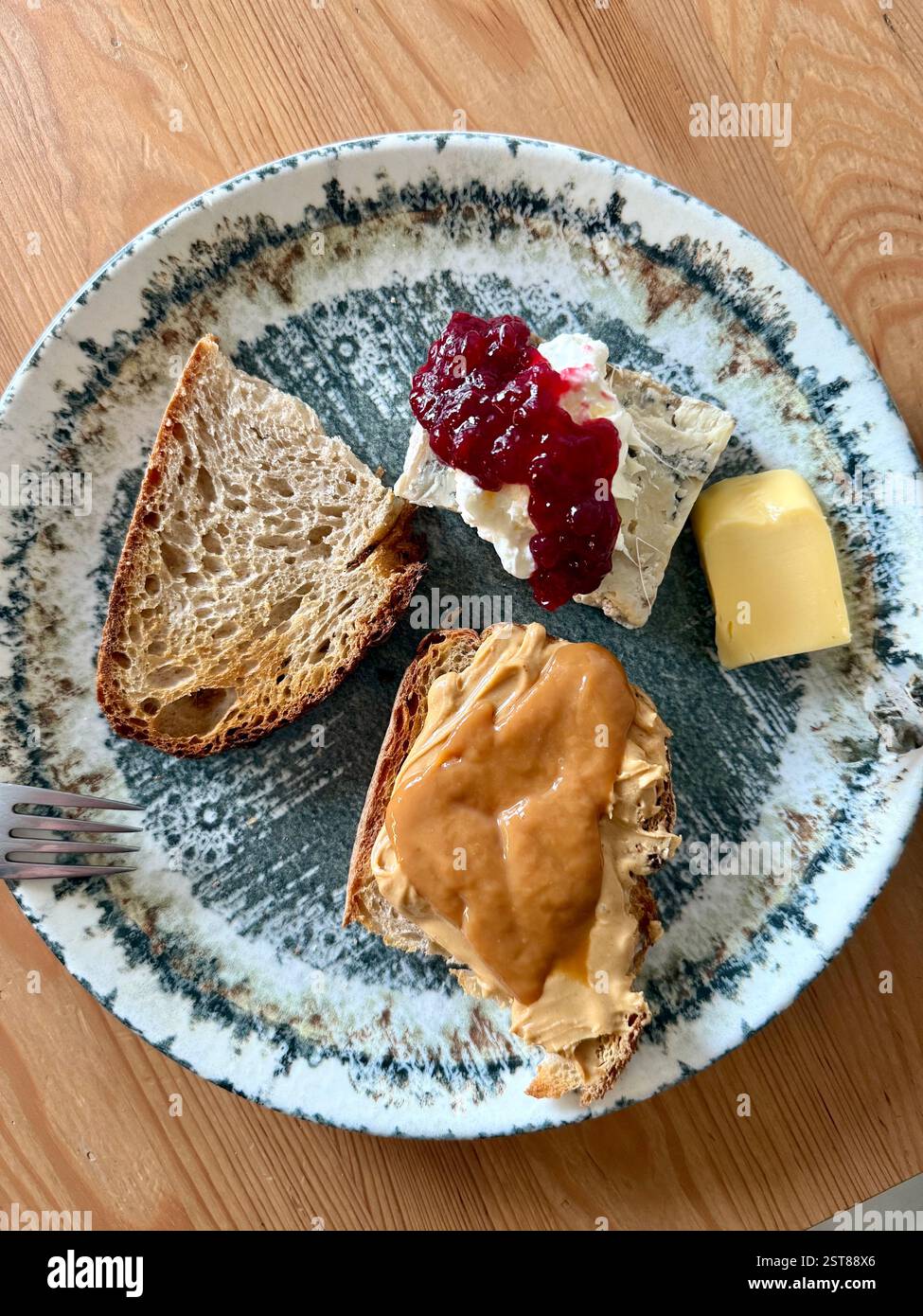 Homemade Sweet morning delight with peanut butter toast, gorgonzola ...