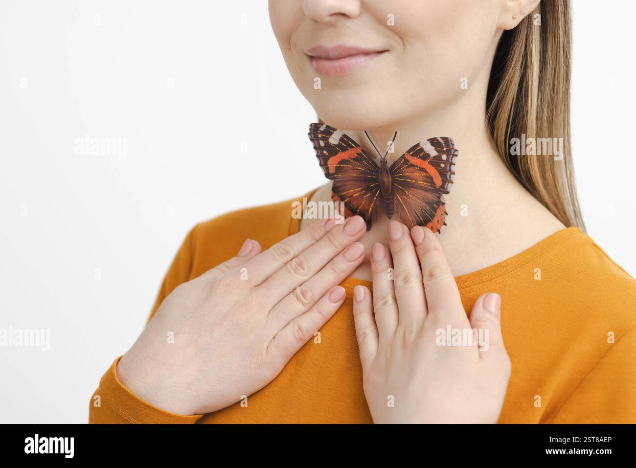 Enlarged butterfly-shaped thyroid gland on woman neck, isolated on ...