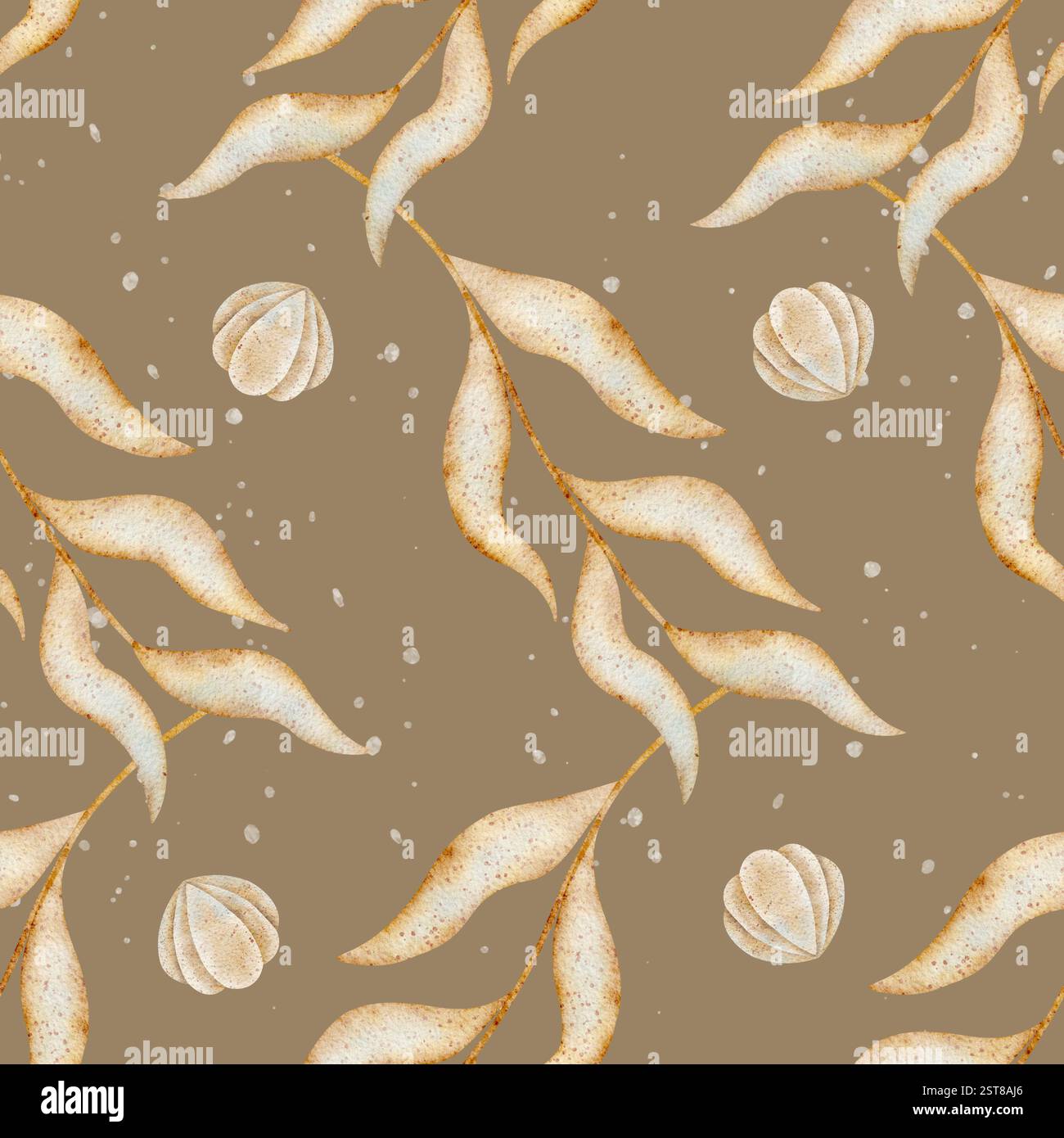 Watercolor pattern rhythmic seaweed, branches, shells. Hand-drawn ...