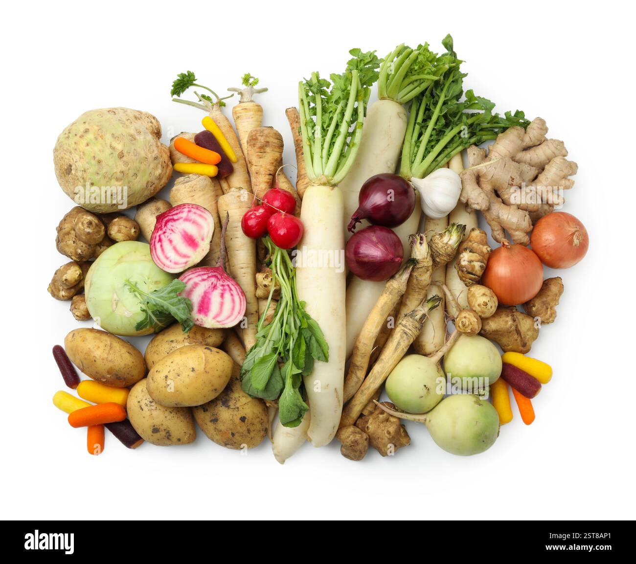 Many different root vegetables isolated on white, top view Stock Photo ...