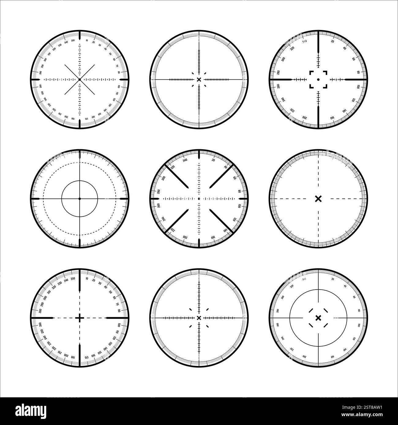 Various sniper rifle sights with degree scale, weapon optical scope ...