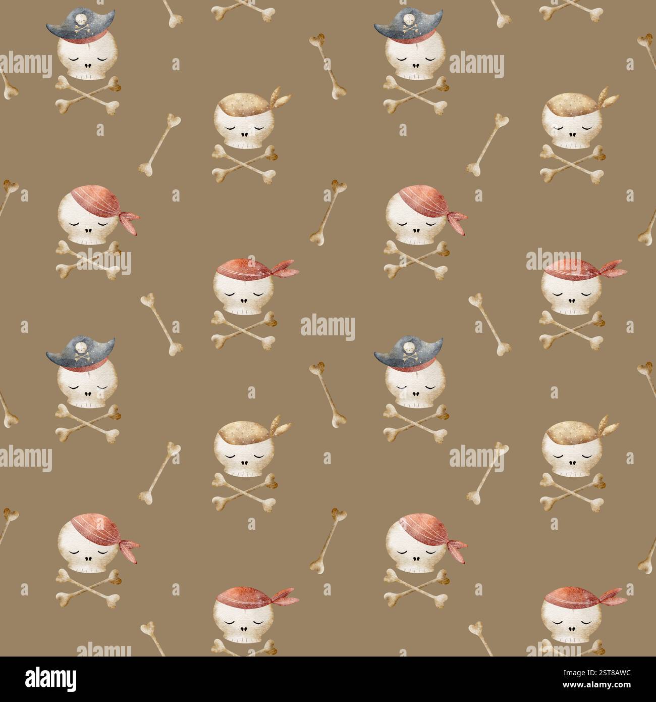 Watercolor pattern pirates skulls, bones. Hand drawn illustration in ...