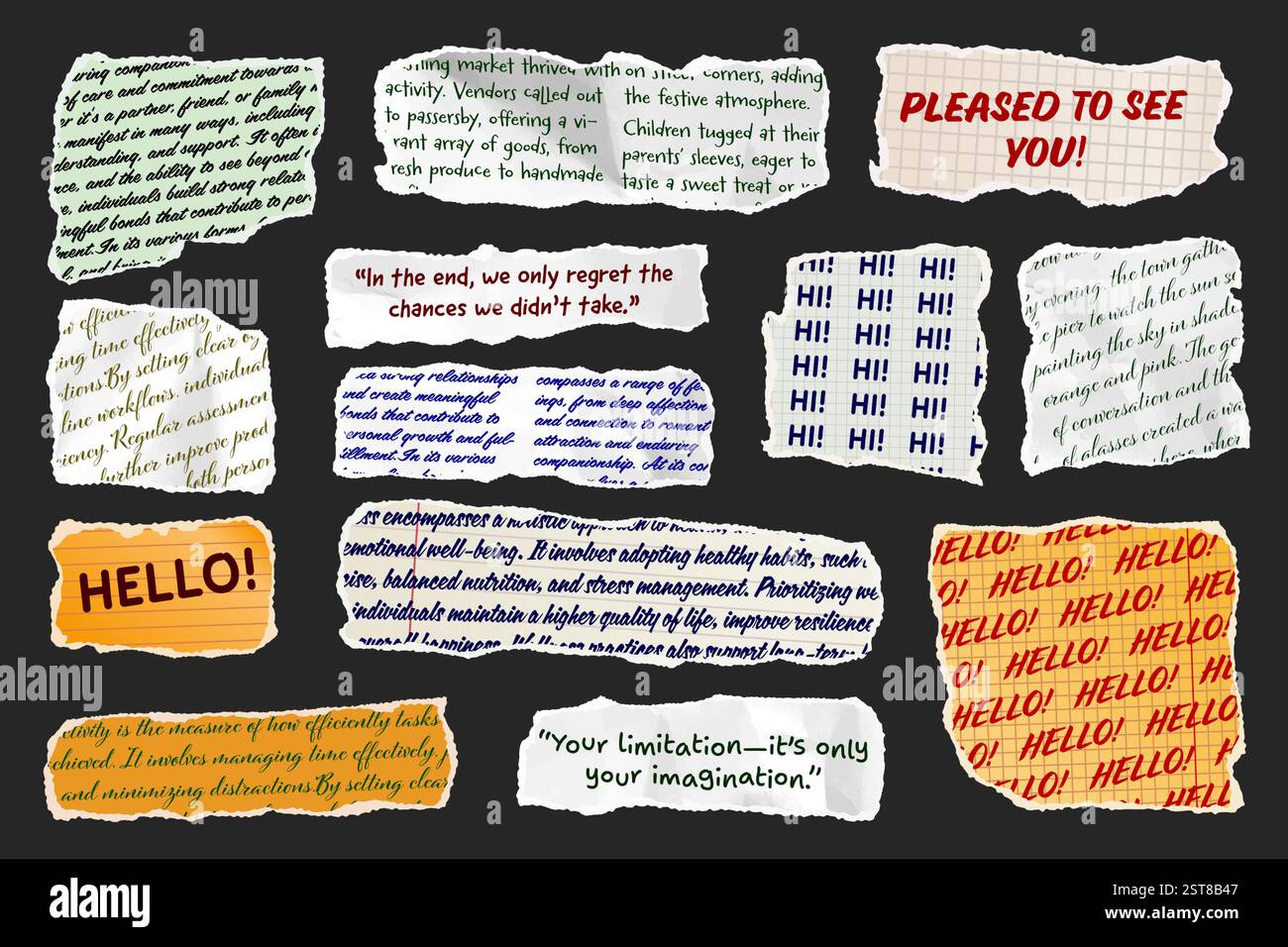 Ripped paper strips with handwritten text. Realistic crumpled paper ...