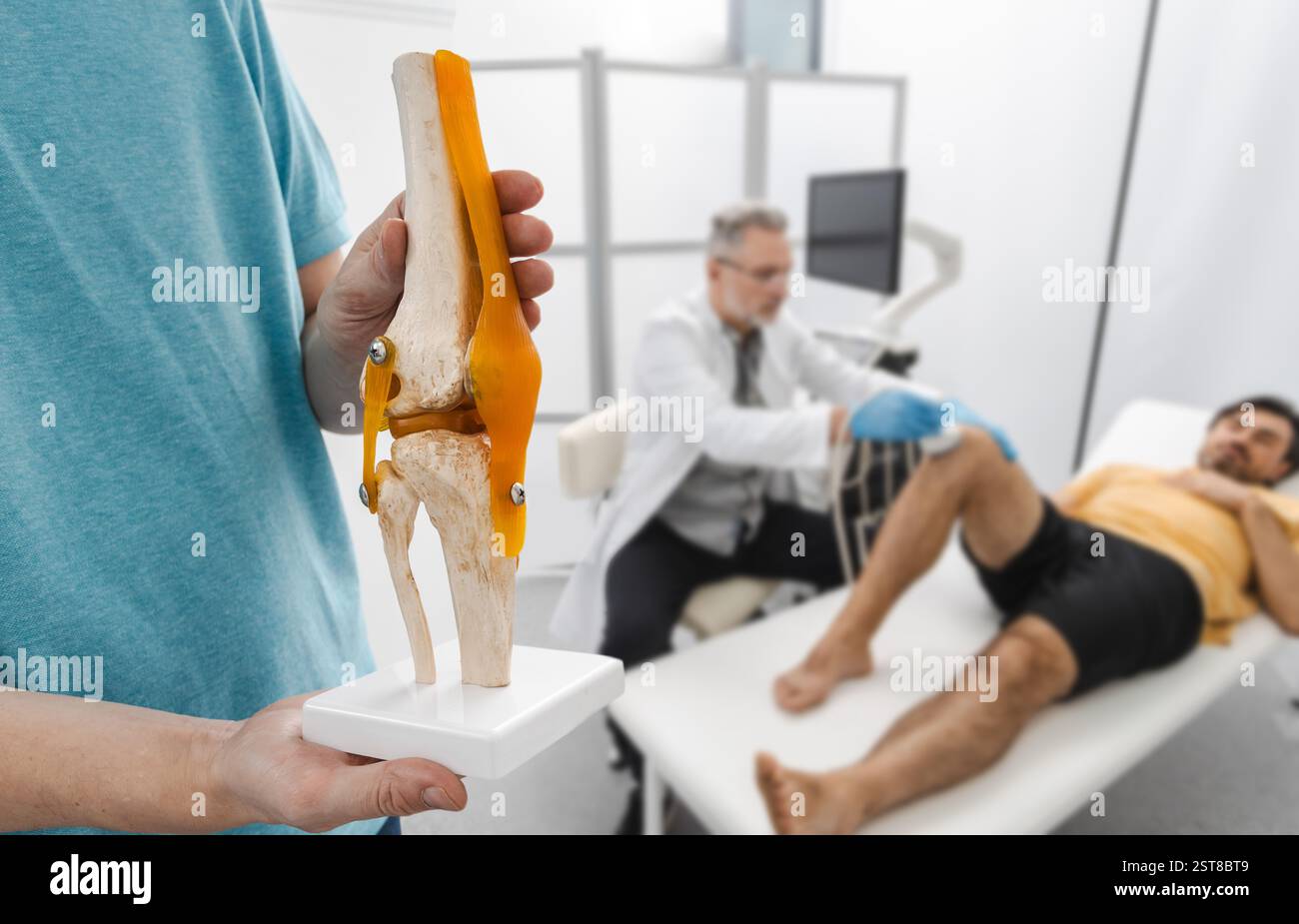 Anatomical model of knee bones on background of process of diagnostics ...