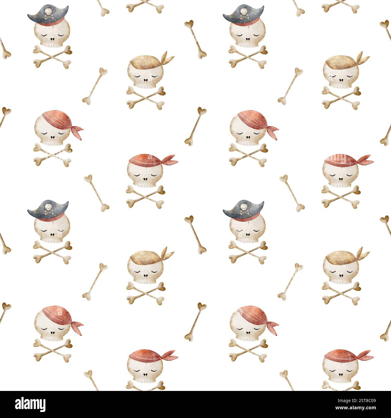 Watercolor pattern pirates skulls and bones captain, sailor. Hand drawn ...