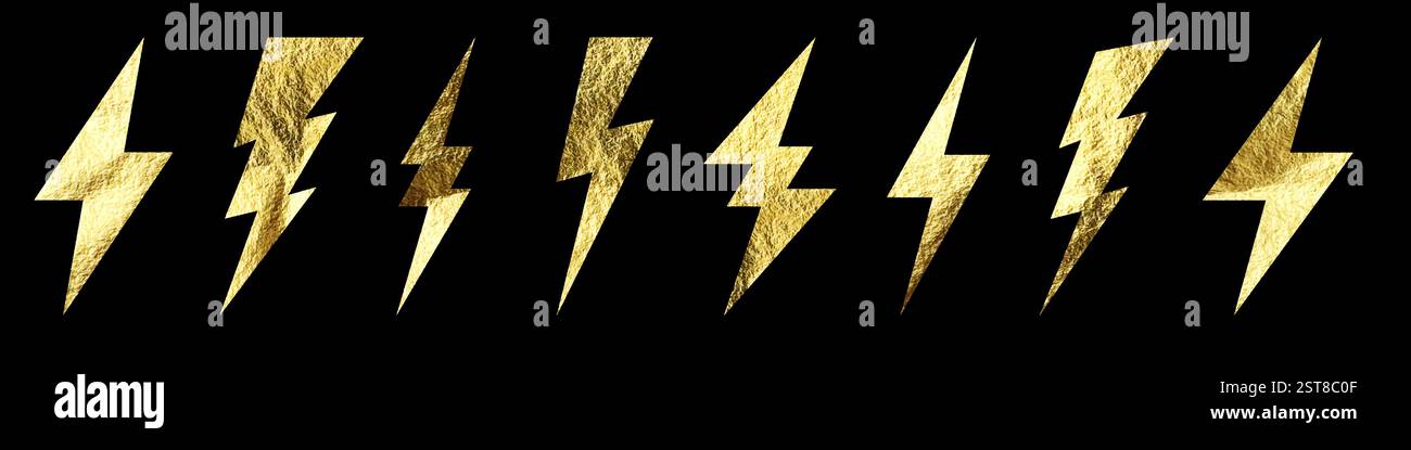 Golden lightning bolt icons collection. Gold foil texture. Flash symbol ...