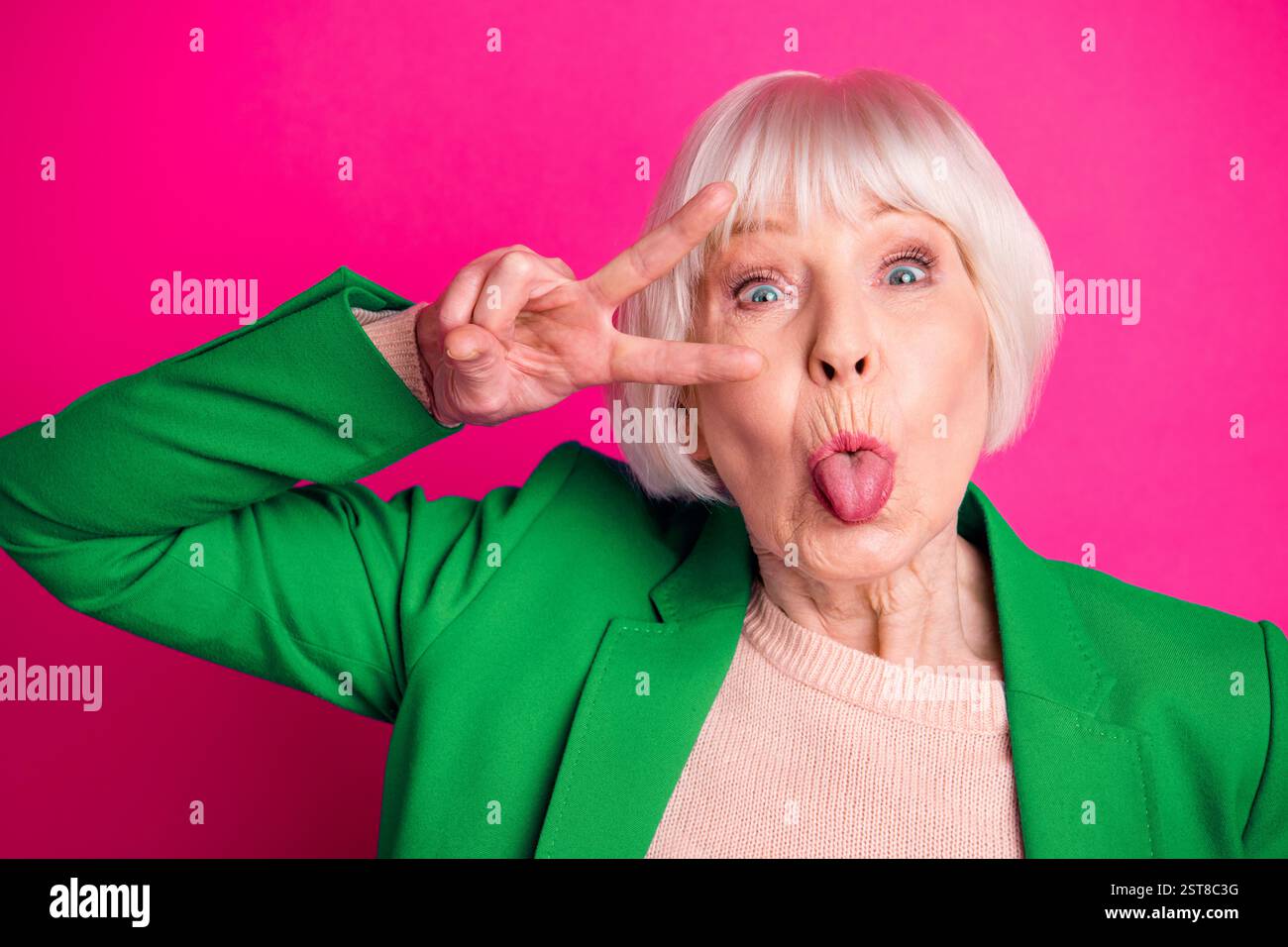 Close-up portrait of nice attractive cheerful funky gray-haired lady ...