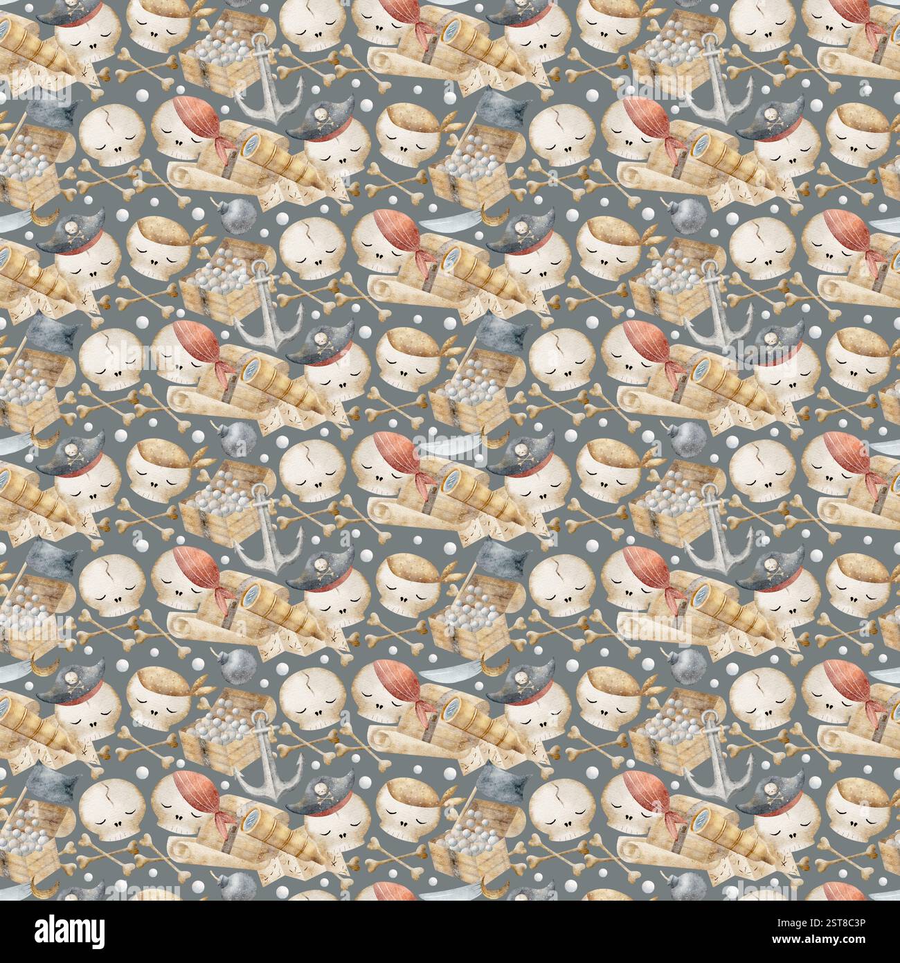 Watercolor pattern skull, bones, pirates, bubble chest, anchor, flag ...