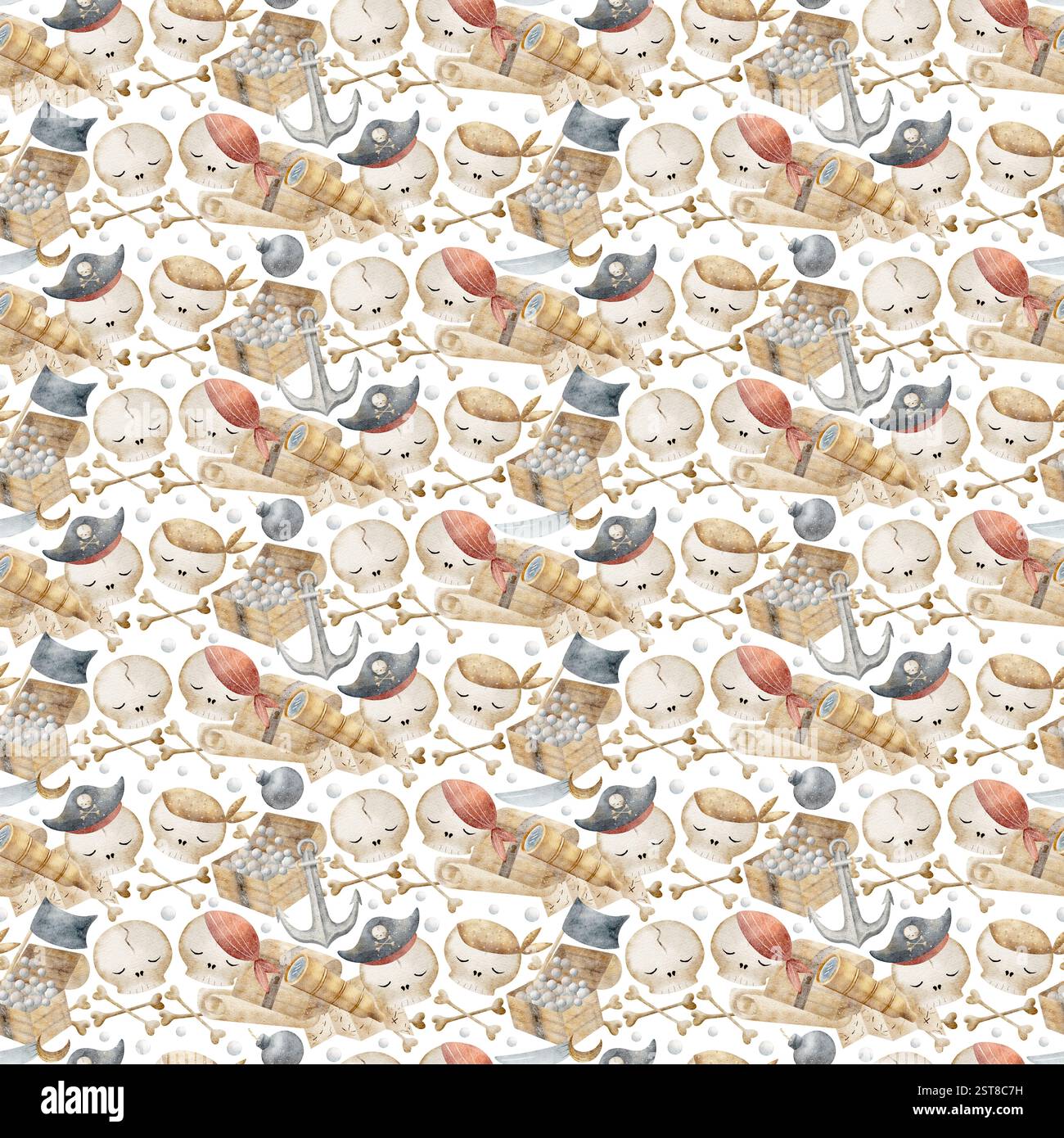 Watercolor pattern skull, bones, pirates, bubble chest, anchor, flag ...