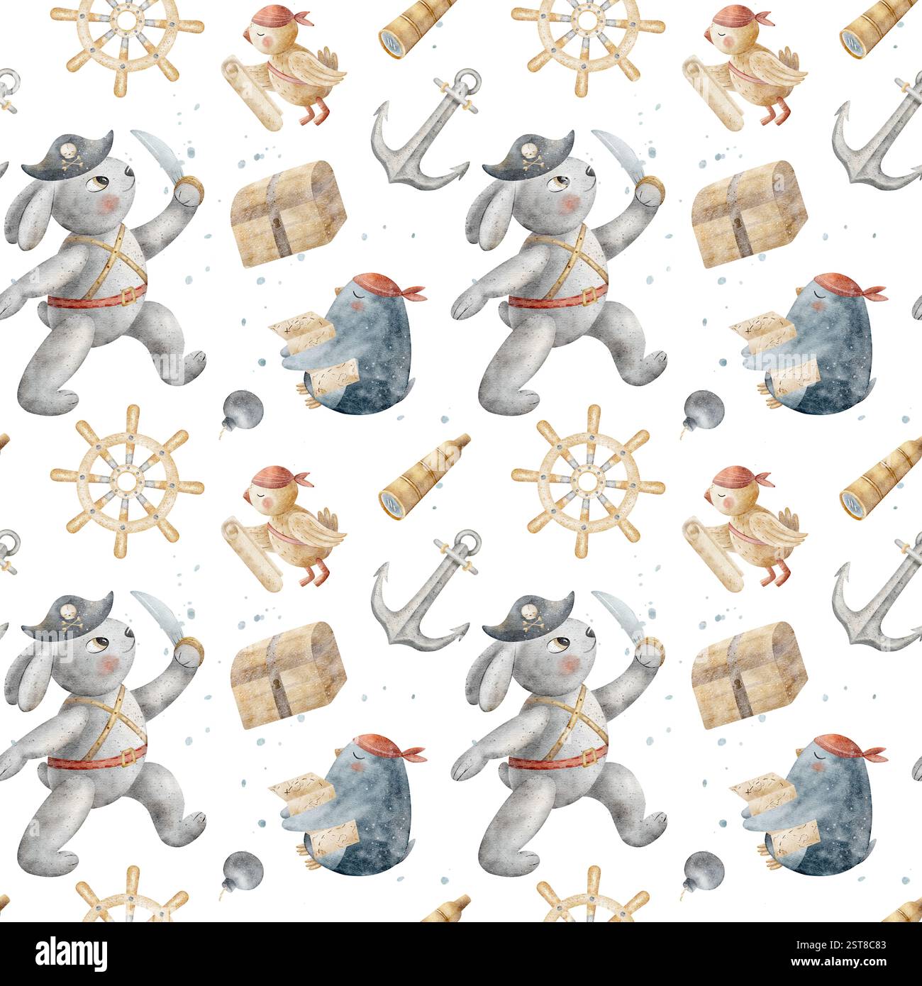 Watercolor pattern pirates hare captain, penguin, parrot, anchor, wheel ...