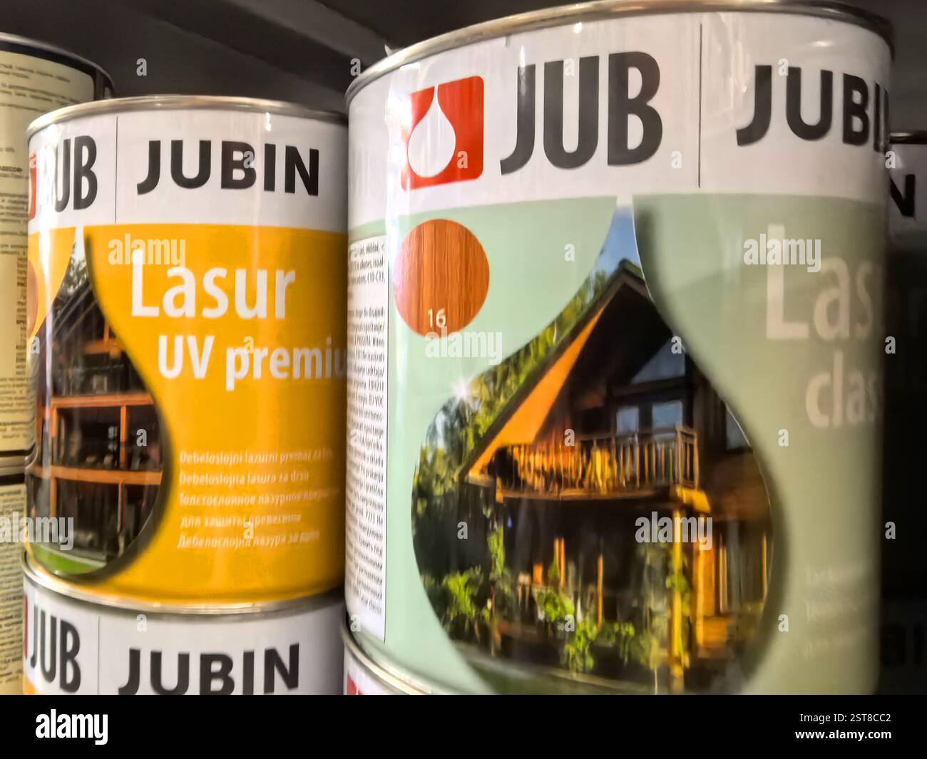 Bobruisk, Belarus - 10 February 2025: Shelves display colorful paint ...