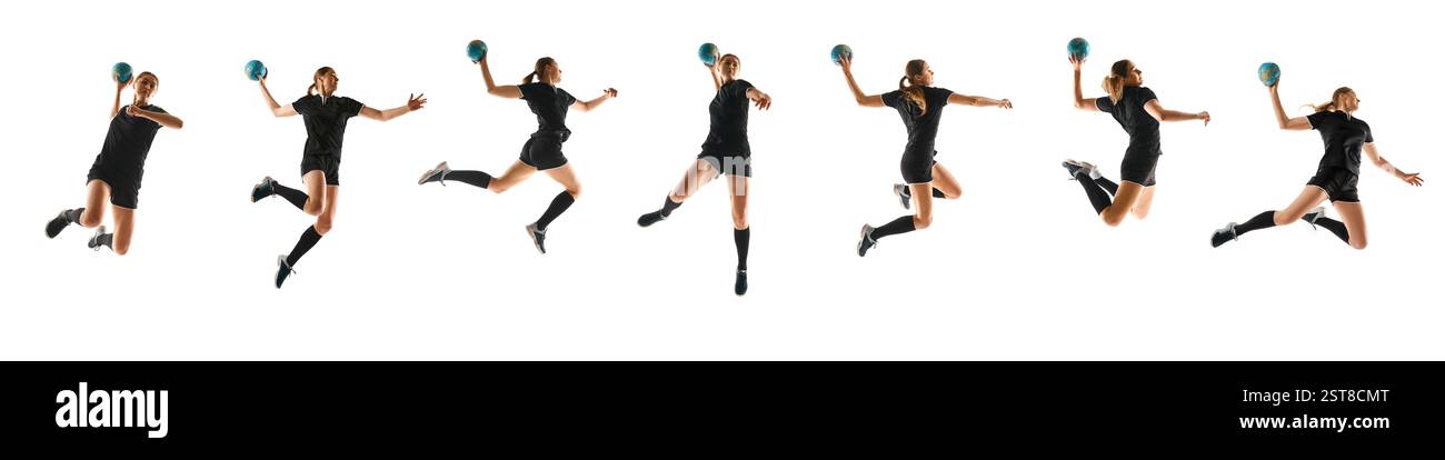 Creative collage. Female handball player leaping, throwing, scoring in ...