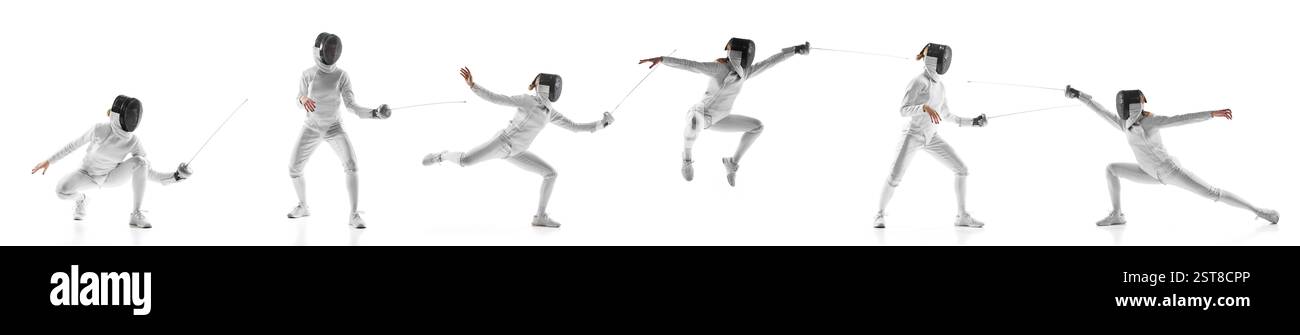 Creative collage. Fencer lunging, striking, defending in intense duel ...