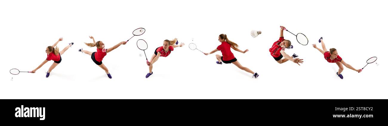 Dynamic collage. Badminton player jumping, swinging racket in energetic ...