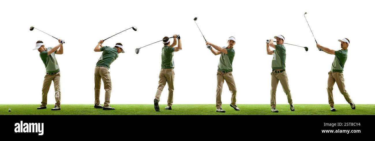 Dynamic collage. Golfer preparing, swinging, driving ball in controlled ...
