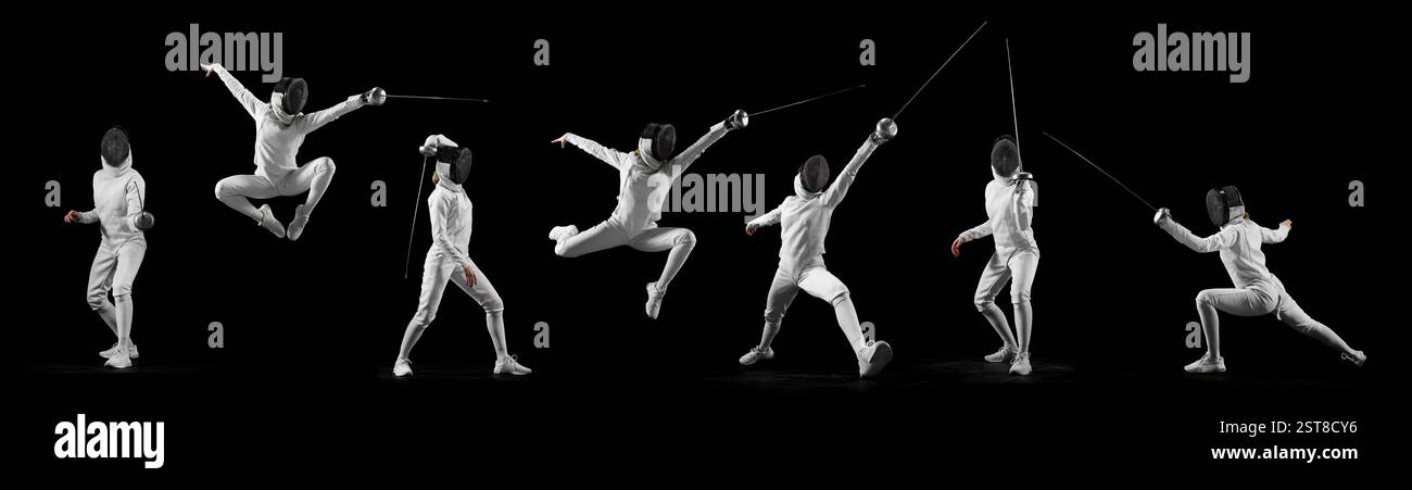 Dynamic collage. Fencing athletes striking, parrying, lunging in ...