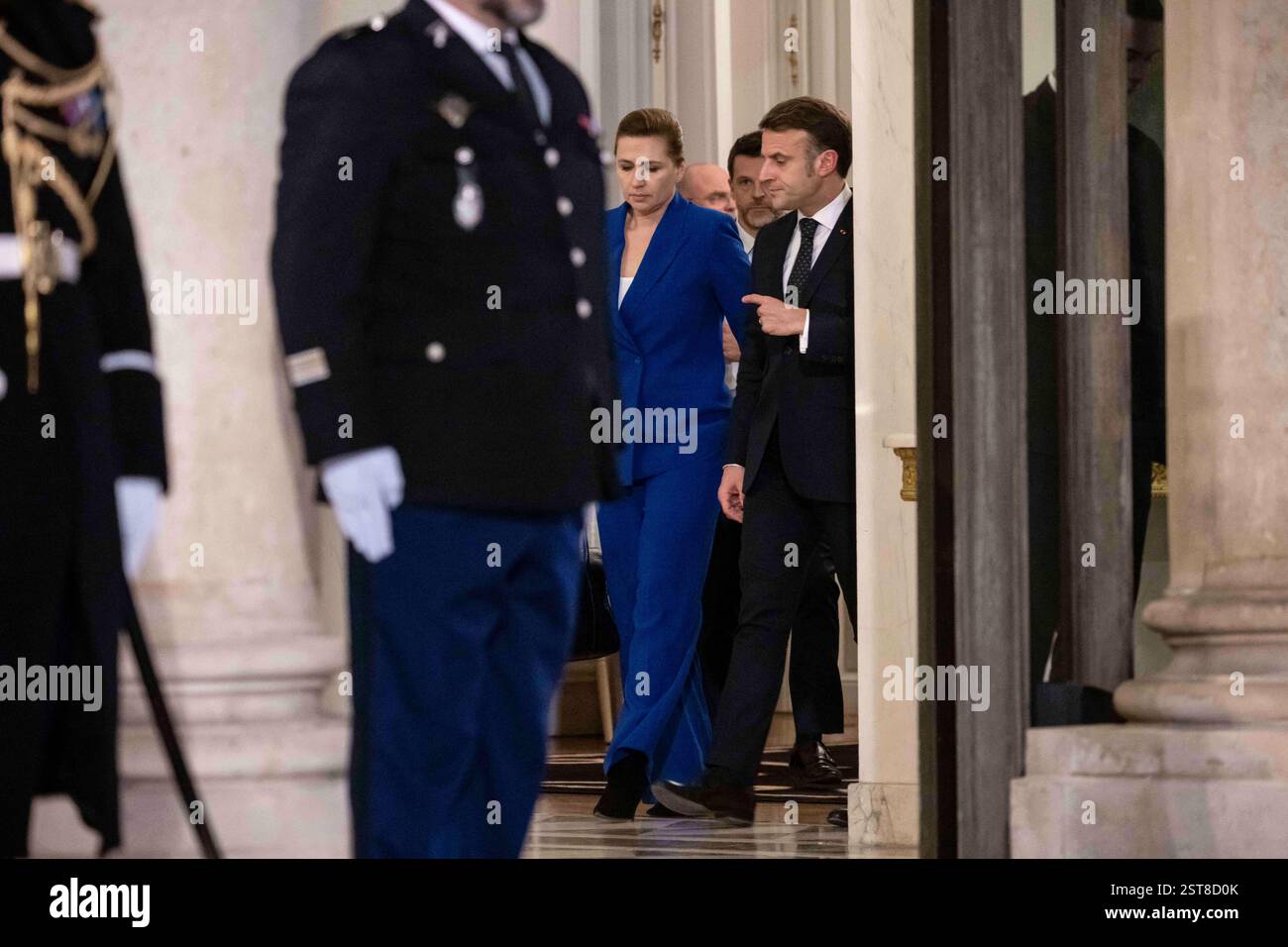 French President Emmanuel Macron (R) speaks with Denmark's Prime ...