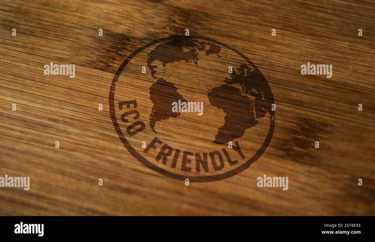 Eco friendly with globe symbol stamp printed on wooden box. Planet ...