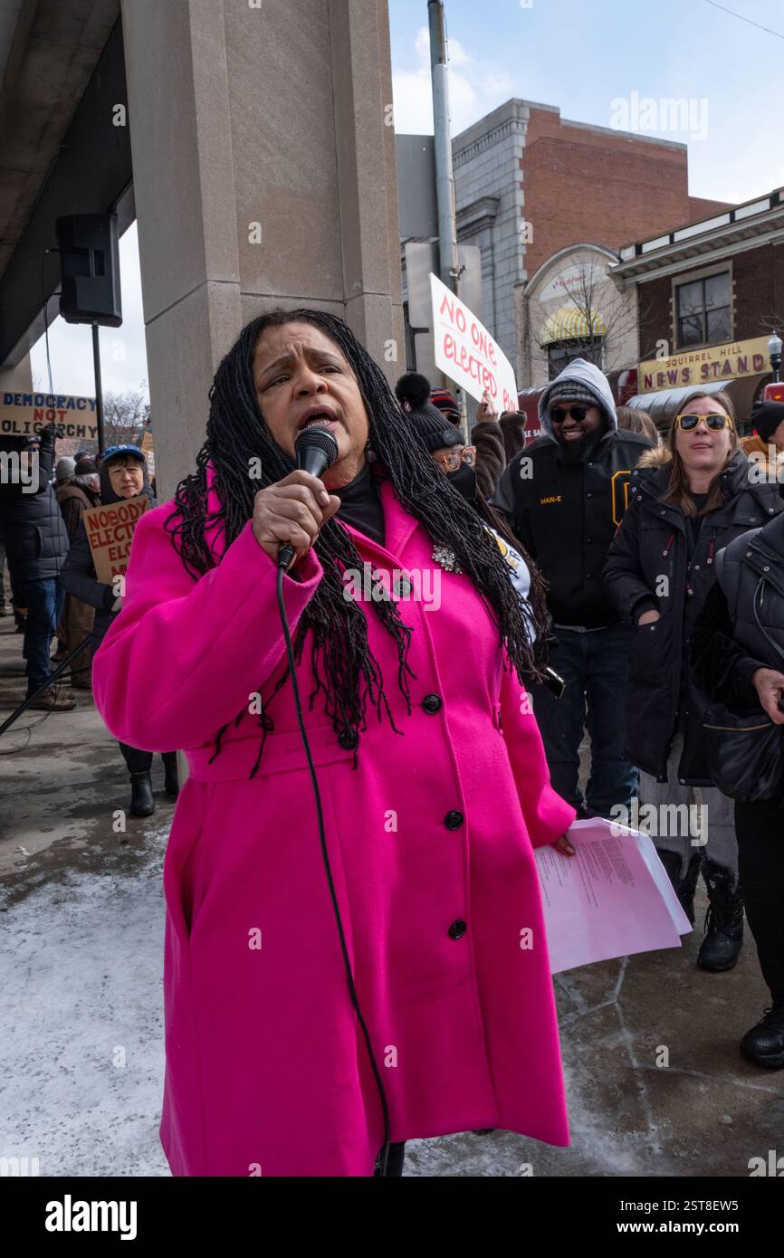 Pittsburgh, Pennsylvania, USA. 17th Feb, 2025. Protest organizer TRACY ...