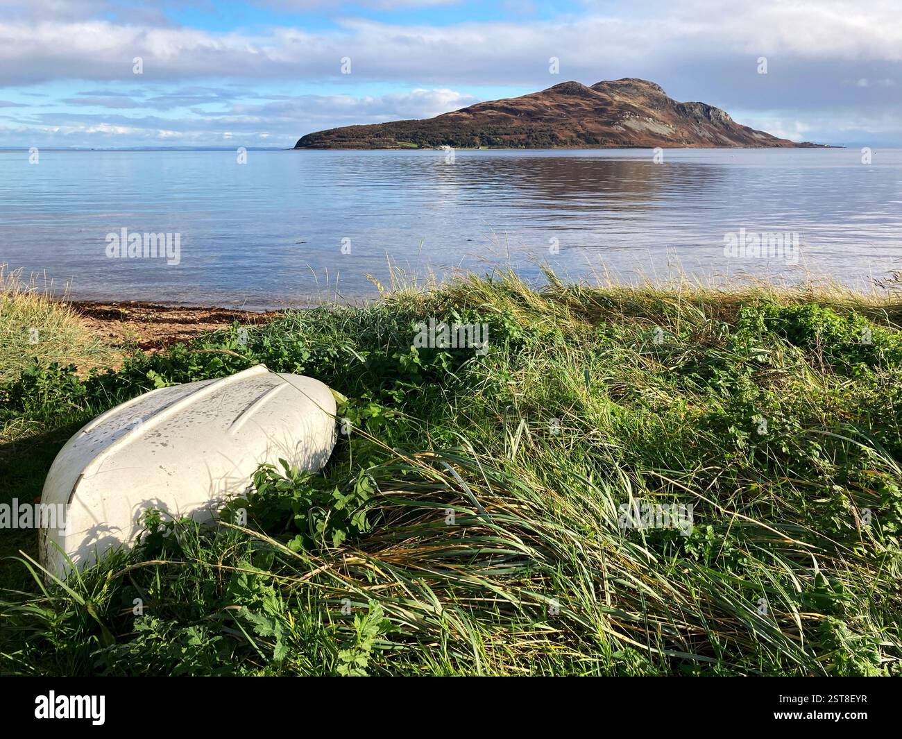 View towards Holy Isle from Lamlash bay, Isle of Arran, Firth of Clyde ...