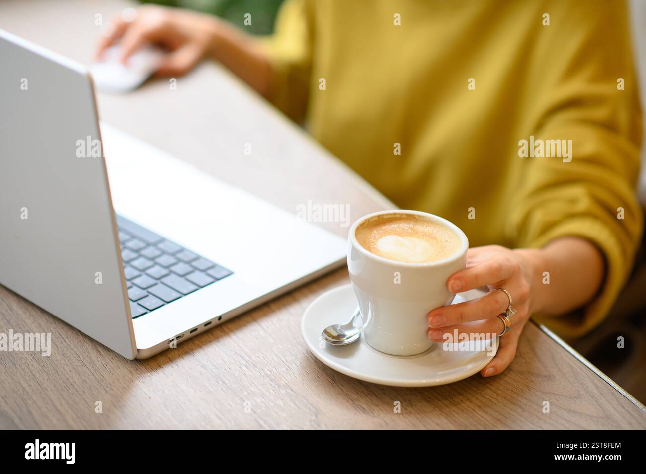 A young woman in a café sips her cappuccino while holding a laptop mouse in her other hand Stock ...
