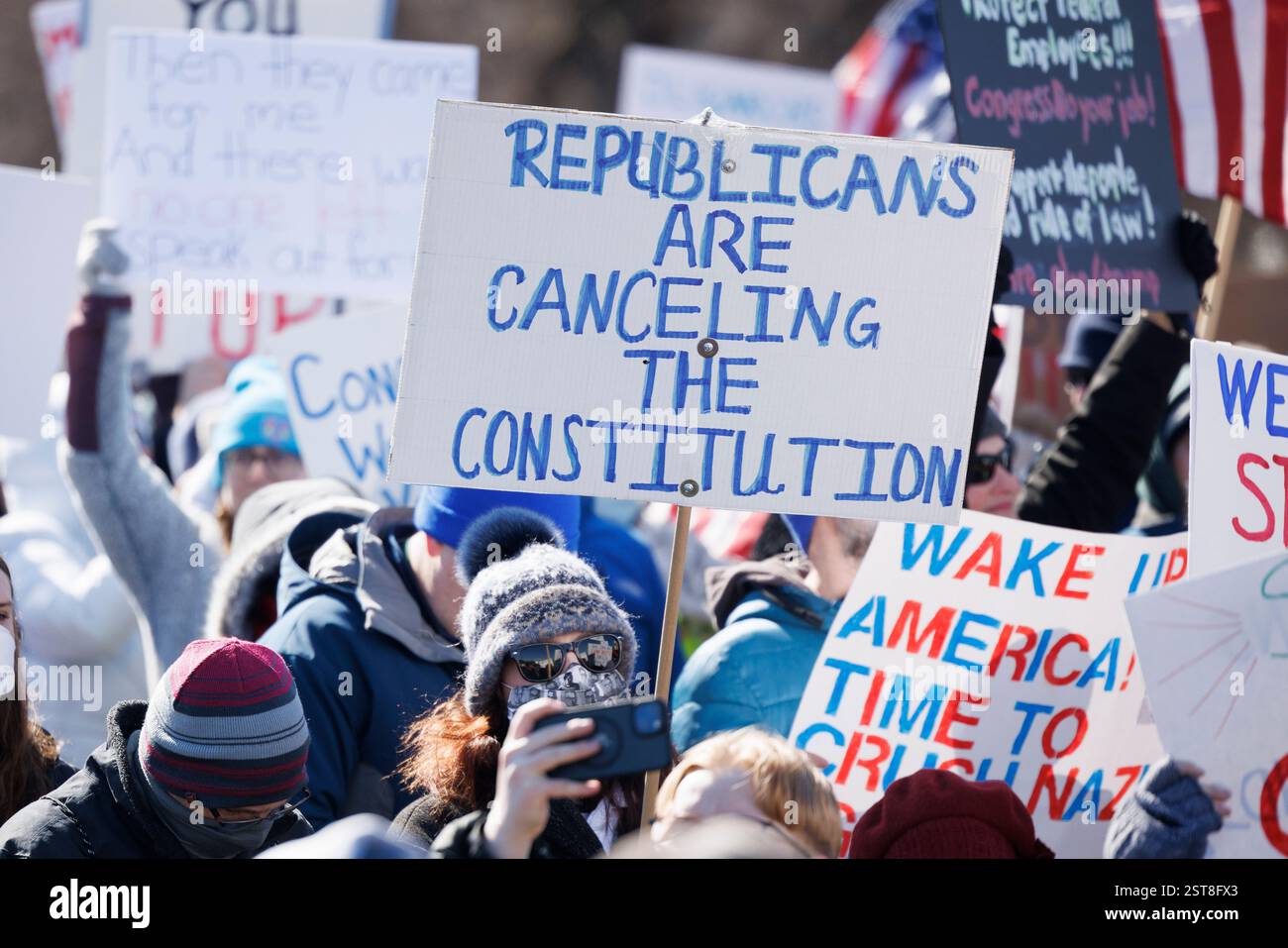 Washington, United States. 17th Feb, 2025. Protesters rally against ...