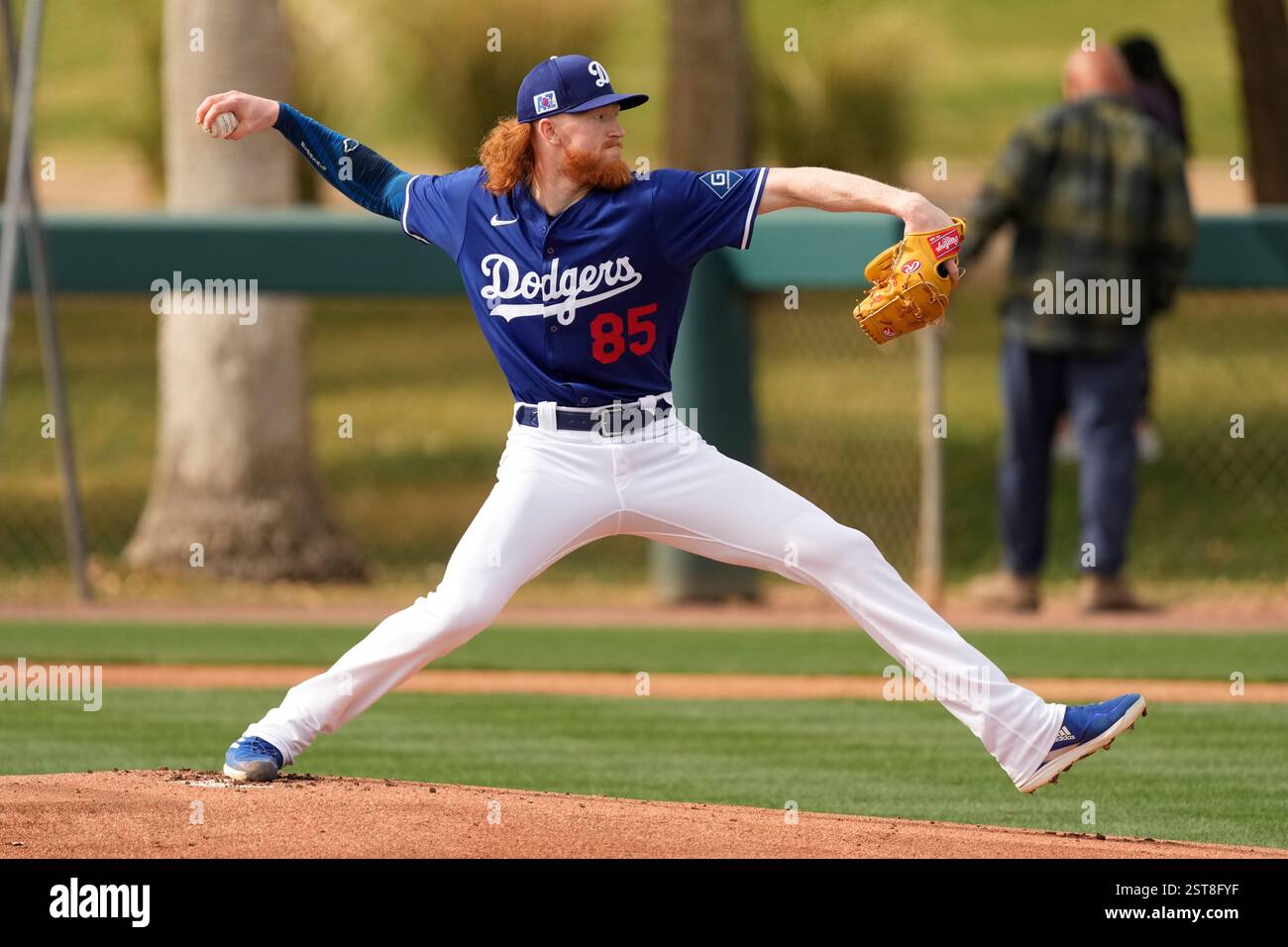 Los Angeles Dodgers pitcher Dustin May (85) throws during spring ...