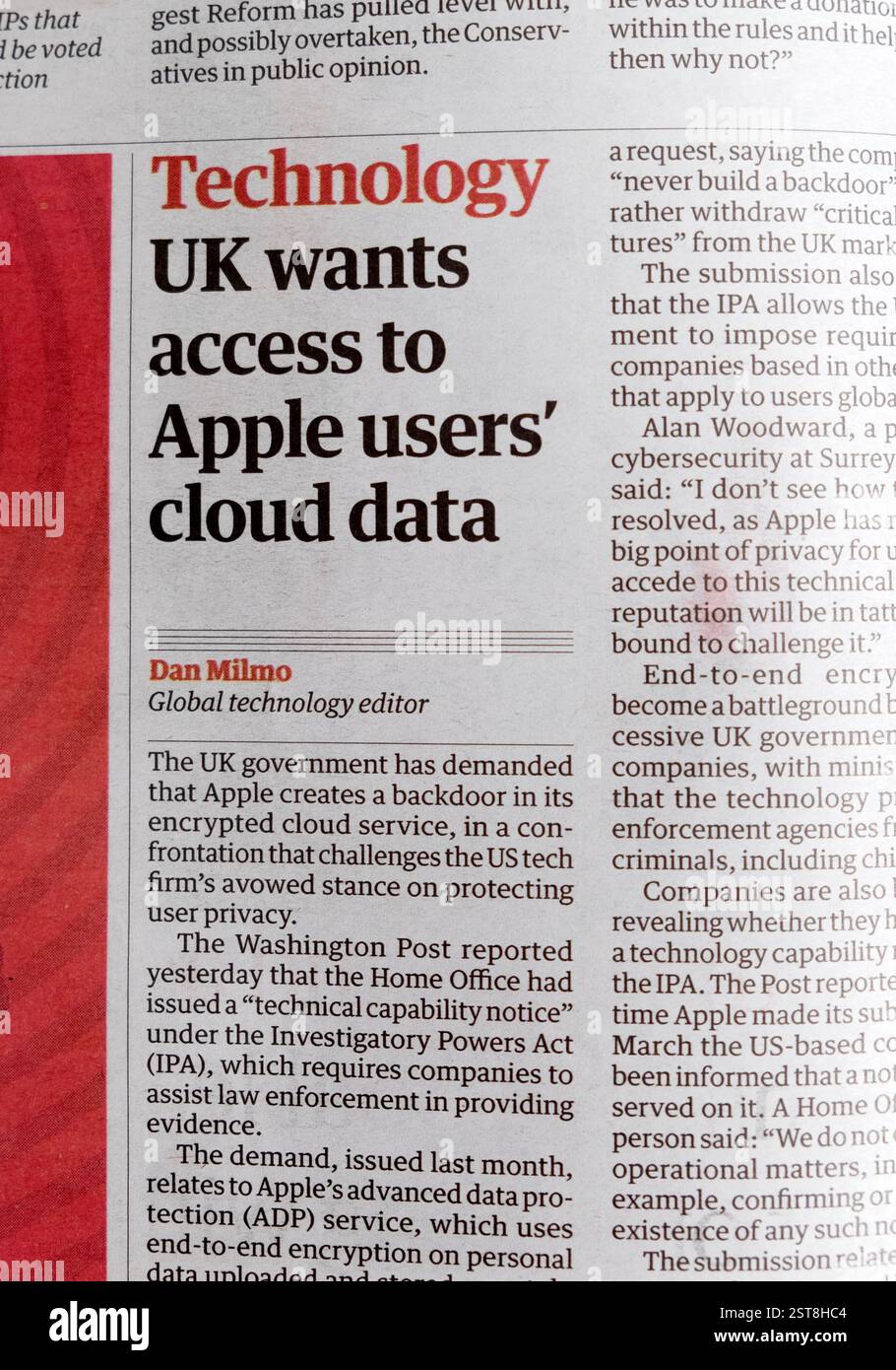 'Technology UK wants access to Apple users' cloud data' Guardian newspaper headline Home Office ...