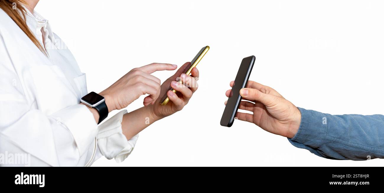 Mobile phones in hands of people on white background. Mobile payment ...
