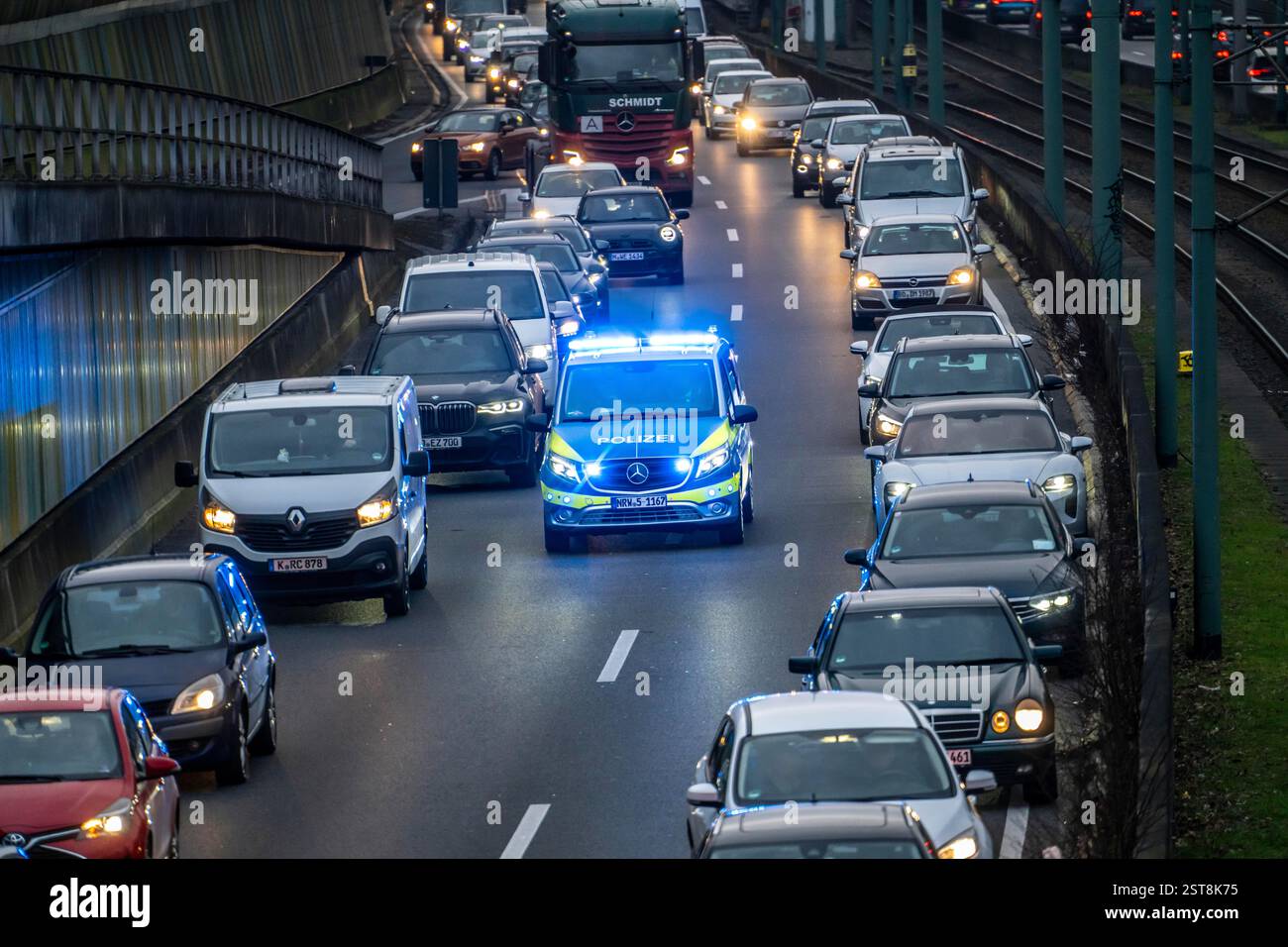 Traffic jam on the A40 motorway, emergency access, vehicles parked on ...
