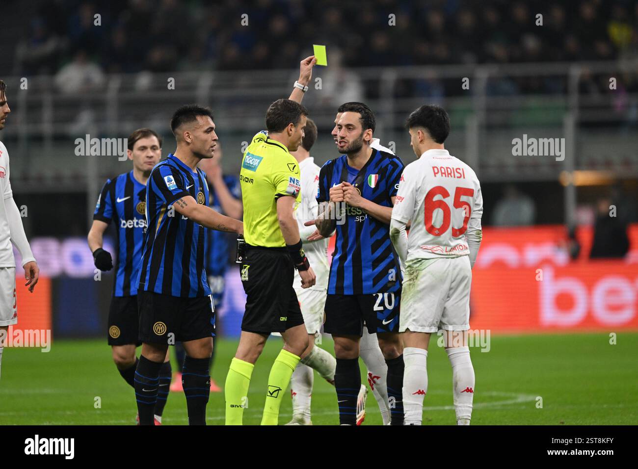 Italy. 10th Feb, 2025. Referee Federico La Penna shows yellow card to ...
