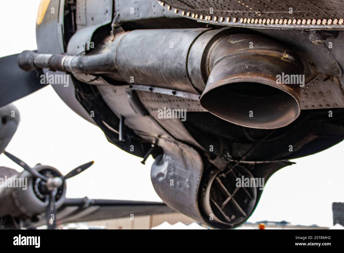 Close up of the exhaust pipe from an engine on a vintage WWII Douglas ...