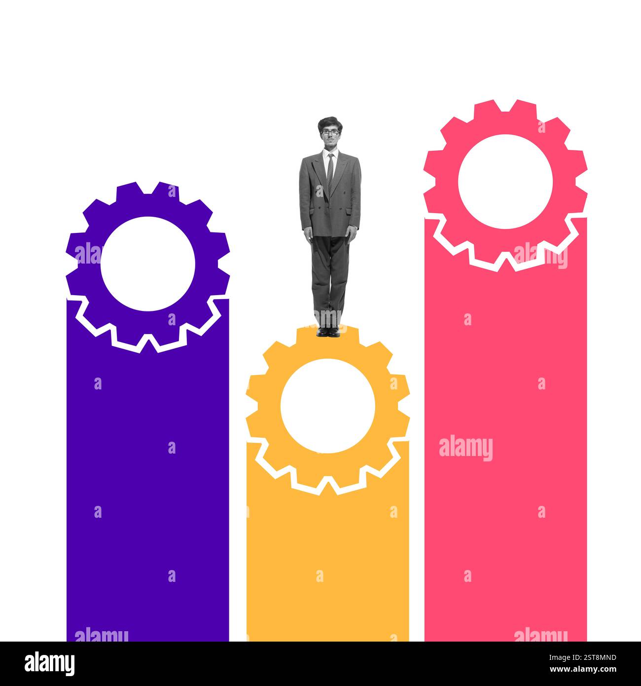 Businessman in suit standing atop colorful vertical gears. Growth ...