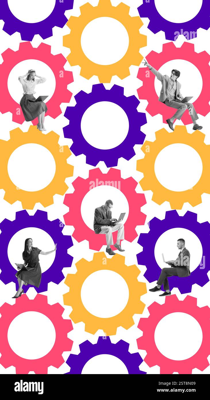 Multiple business people seated on colorful interconnected gears ...
