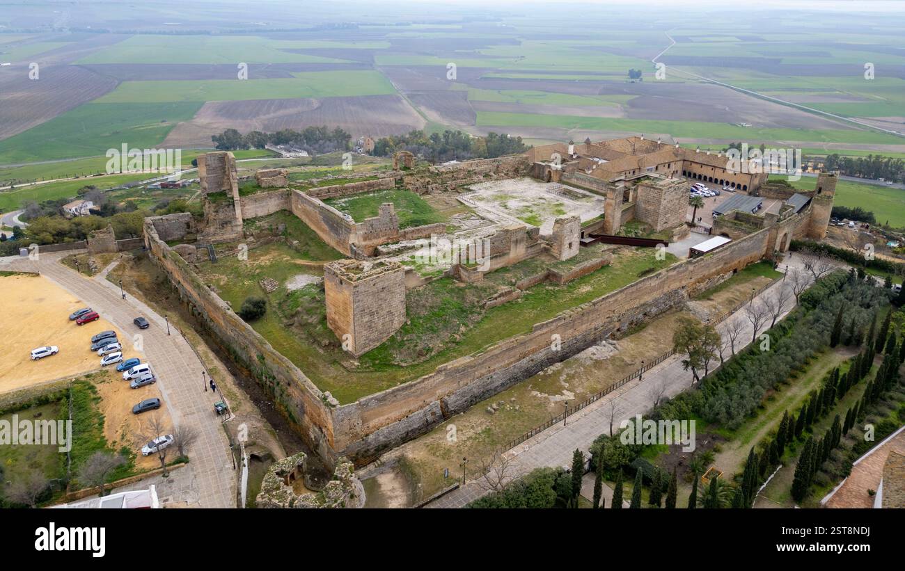Aerial drone view of the Parador (Alcazar del Rey Don Pedro), Carmona ...