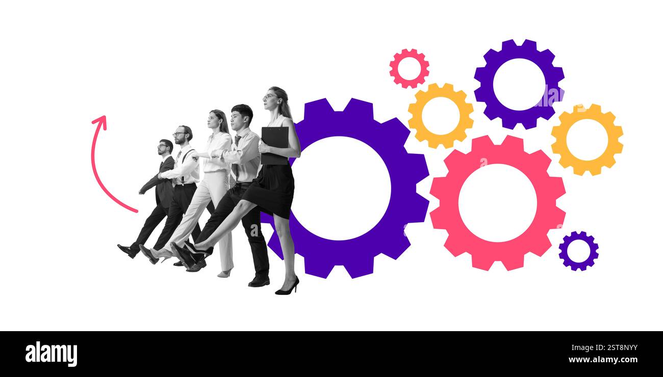 Group of business professionals marching forward, supported by moving ...